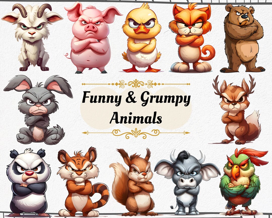 Grumpy Animals Clipart, Funny Animal Clipart, Cute Cartoon Animals ...