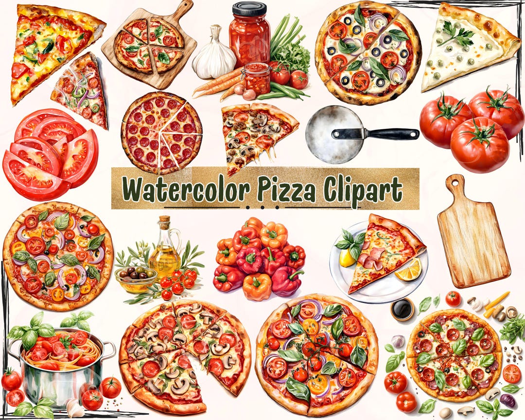 Watercolor Pizza Clipart PNG Bundle, Italian Food Graphics, Pizza Party ...