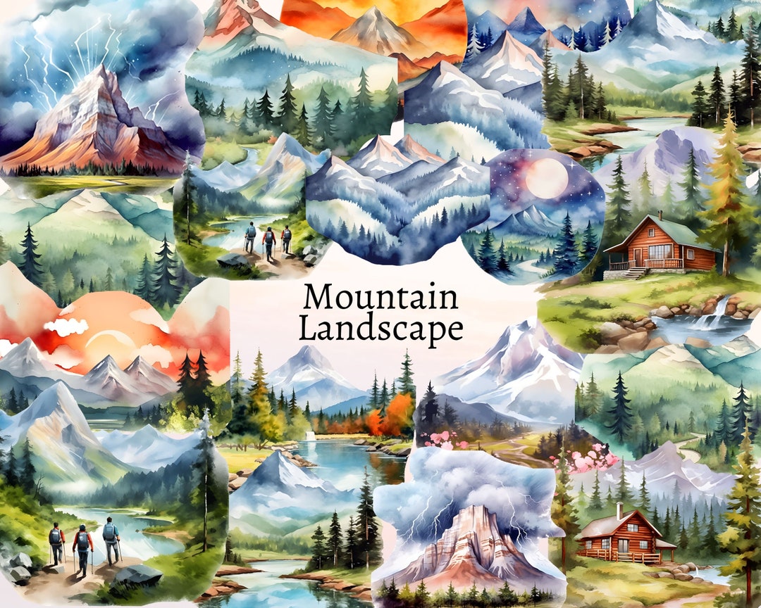 Mountain Landscape Clipart, Mountain Range Background, Scenic Mountain ...