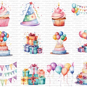 Watercolor Birthday Party Clipart | Cake Present Balloons Clipart ...