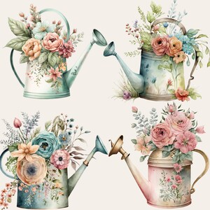 Watercolor Floral Watering Cans Clipart Bundle PNG Gardening Bouquet ...