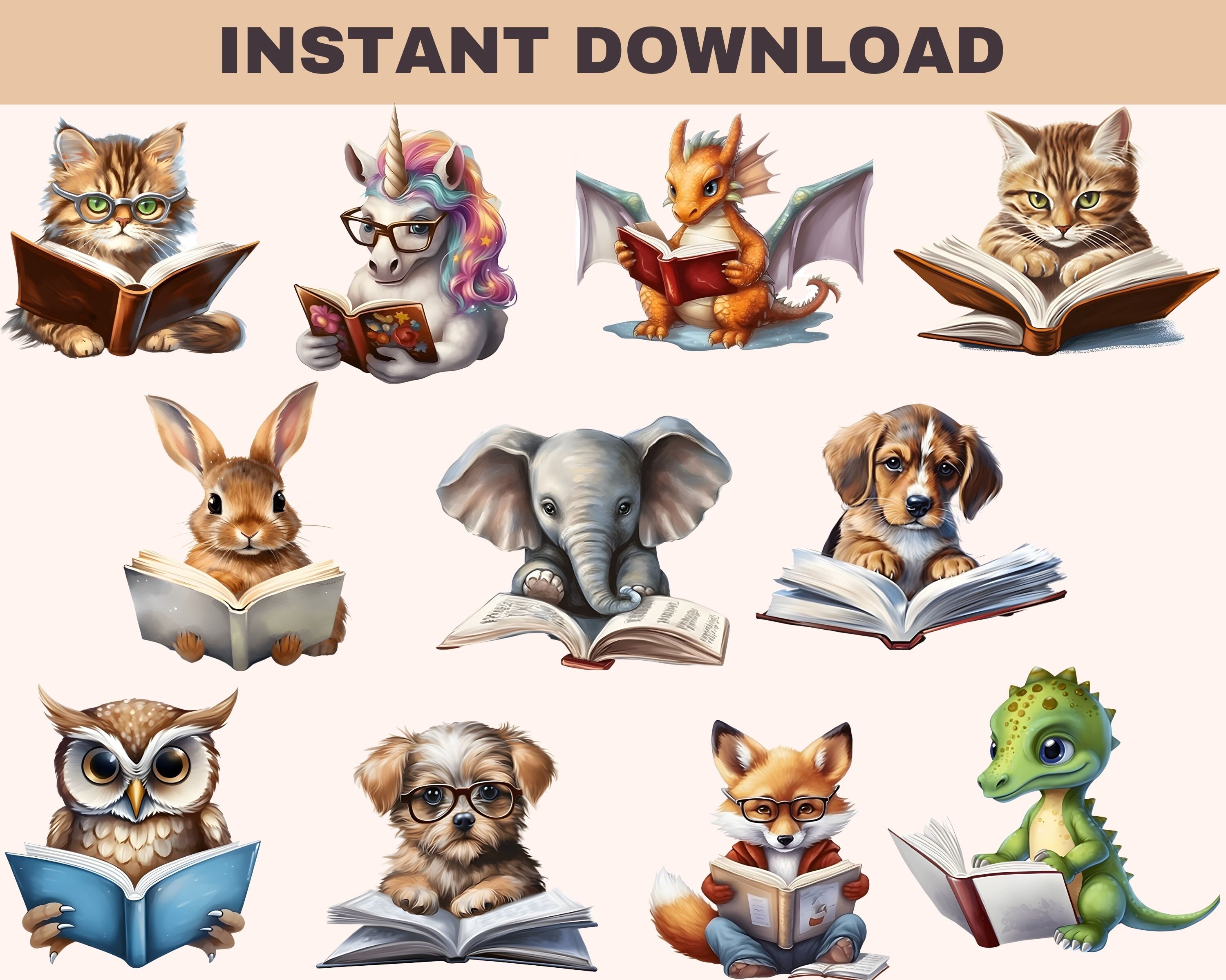 Bookworm Animals Clipart Booklover Clipart Book - Etsy