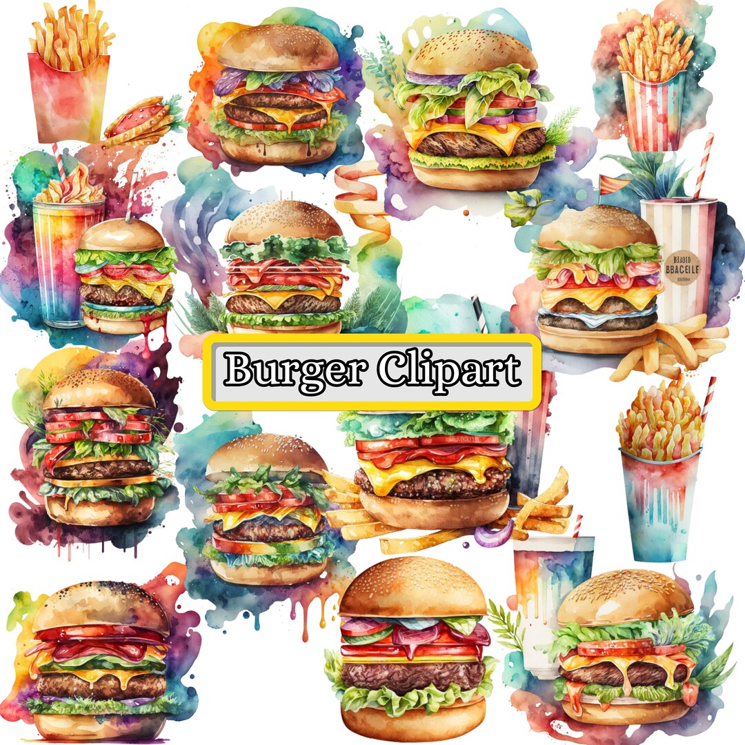 Watercolor Burger Clipart | Juicy Hamburger With Fries | Fast Food ...