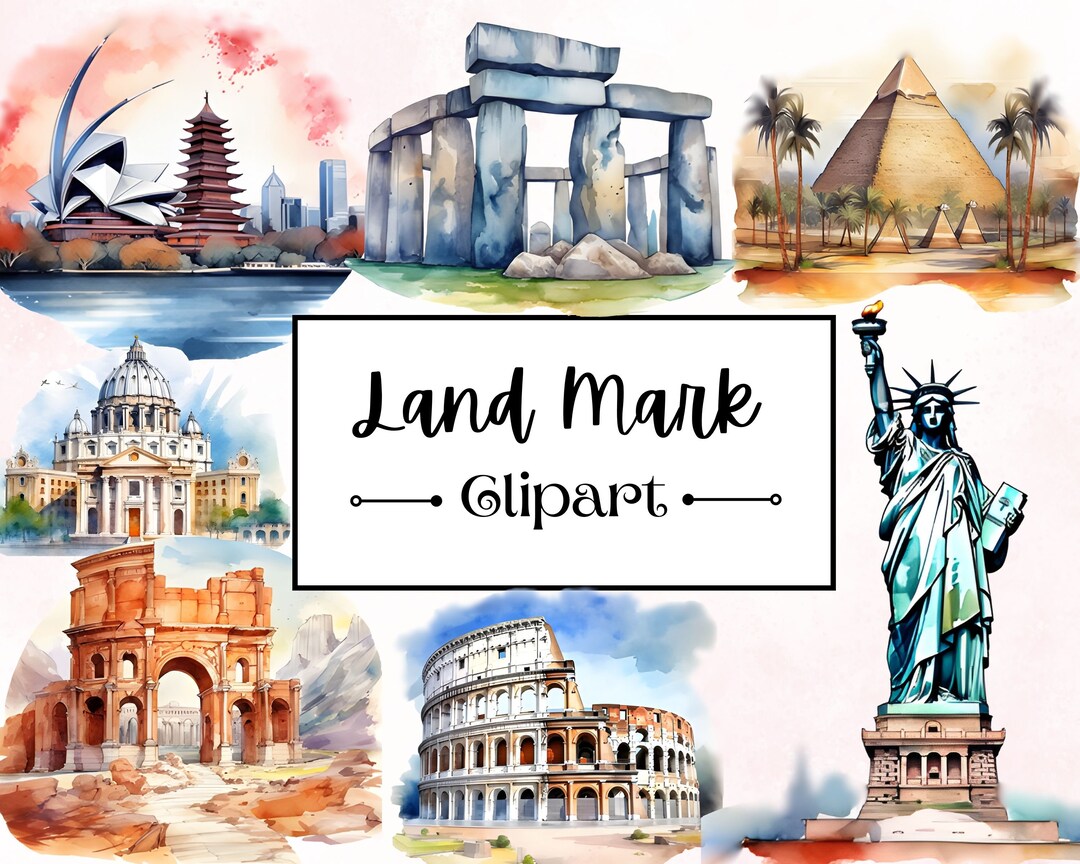 Famous Landmarks Clipart, Taj Mahal, Eiffel Tower, Statue of Liberty ...