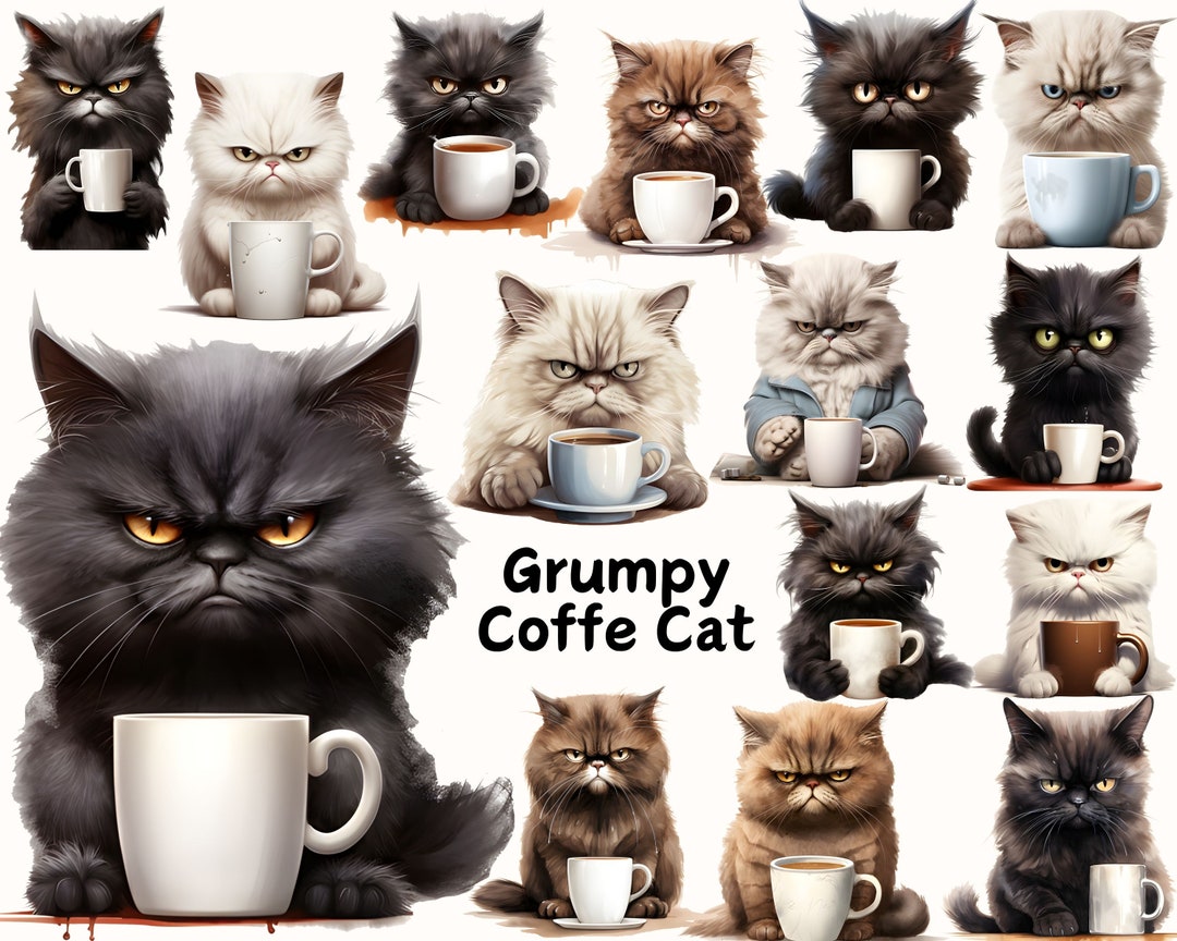 Grumpy Coffee Cat Clipart, Angry Cat Clipart, 25 Moody Cat Images ...