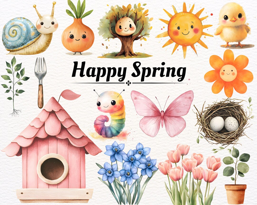 Happy Spring, Watercolor Fresh Spring Clipart ,spring Animal Clipart ...
