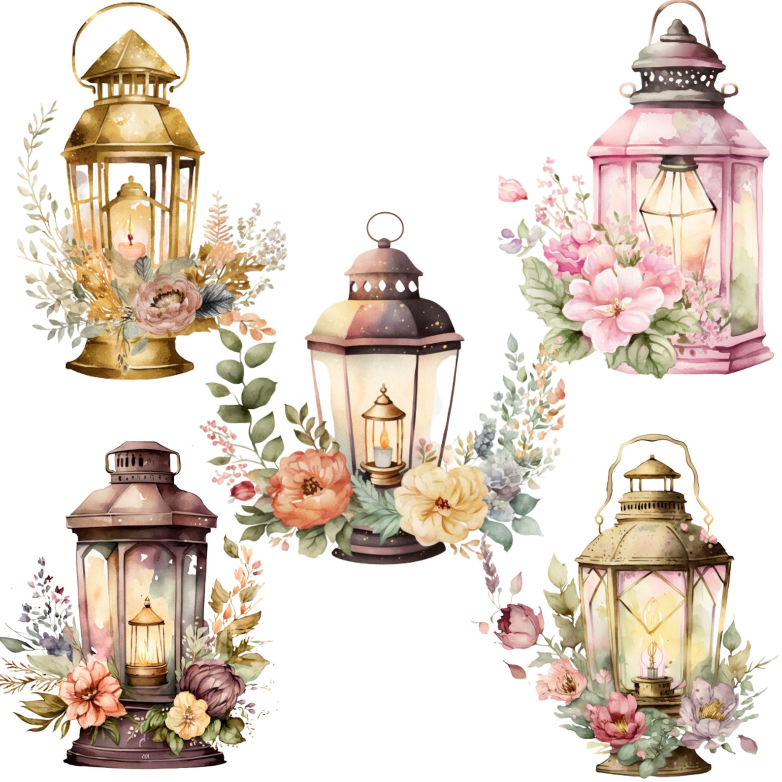 Watercolor Cottagecore Lanterns With Floral Designs Lamps - Etsy