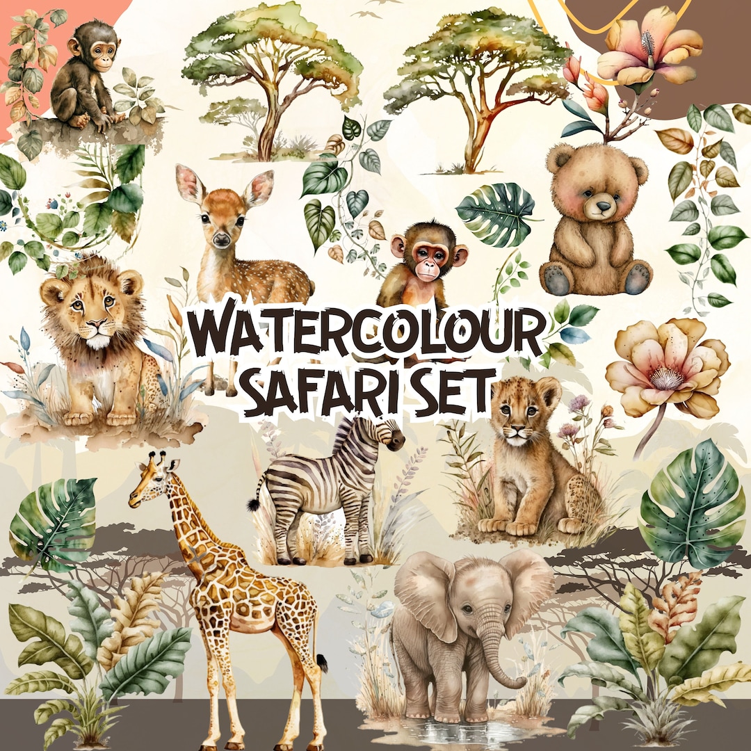 Watercolor Safari Animals Clipart Bundle: Elephants, Lions, Tigers ...
