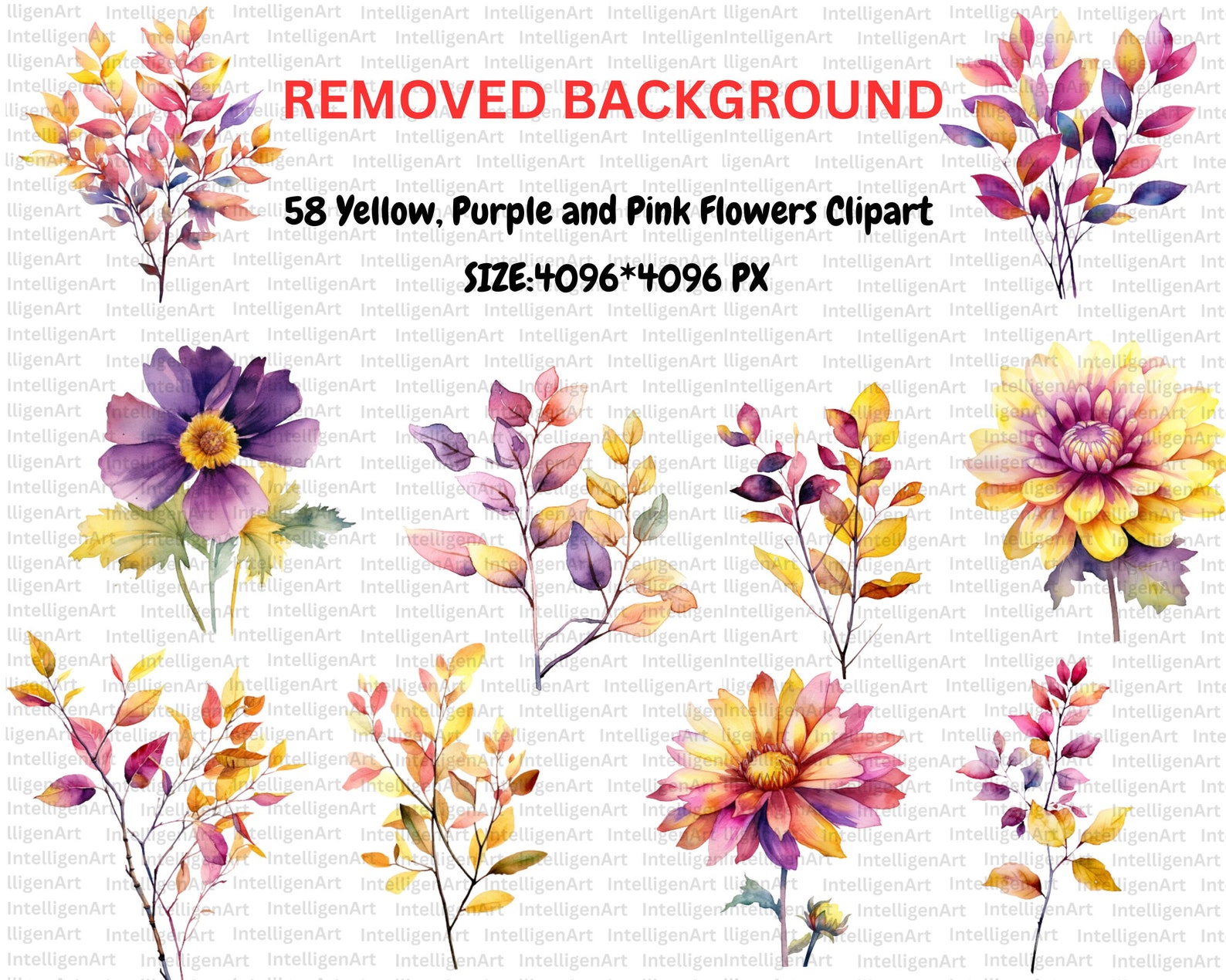 Watercolor Floral Clipart Set Pink Yellow and Purple - Etsy