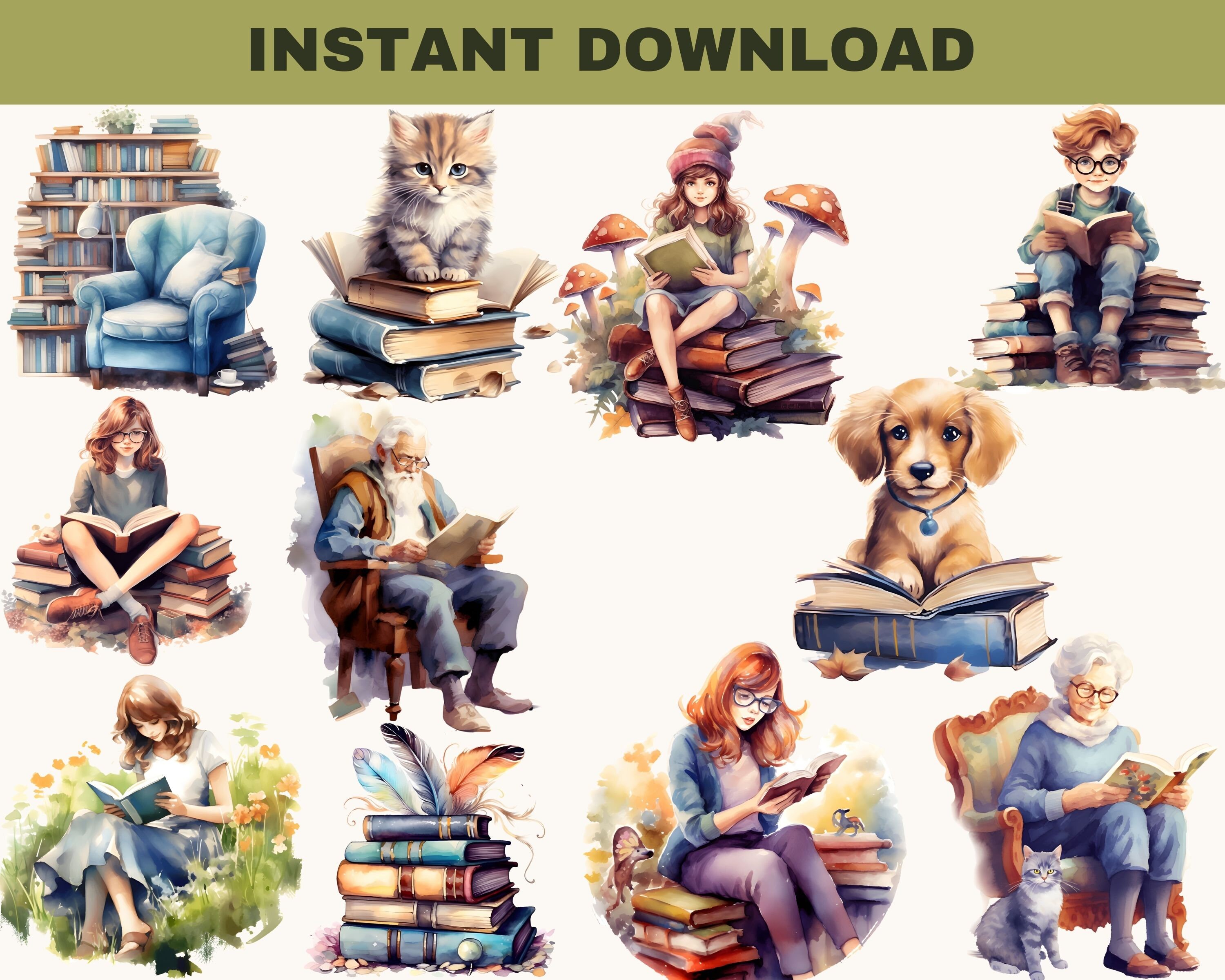 Bookworms Clipart Book Lover Clipart Watercolor Book - Etsy