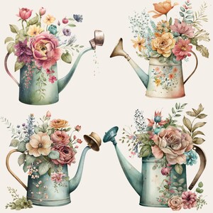 Watercolor Floral Watering Cans Clipart Bundle PNG Gardening Bouquet ...