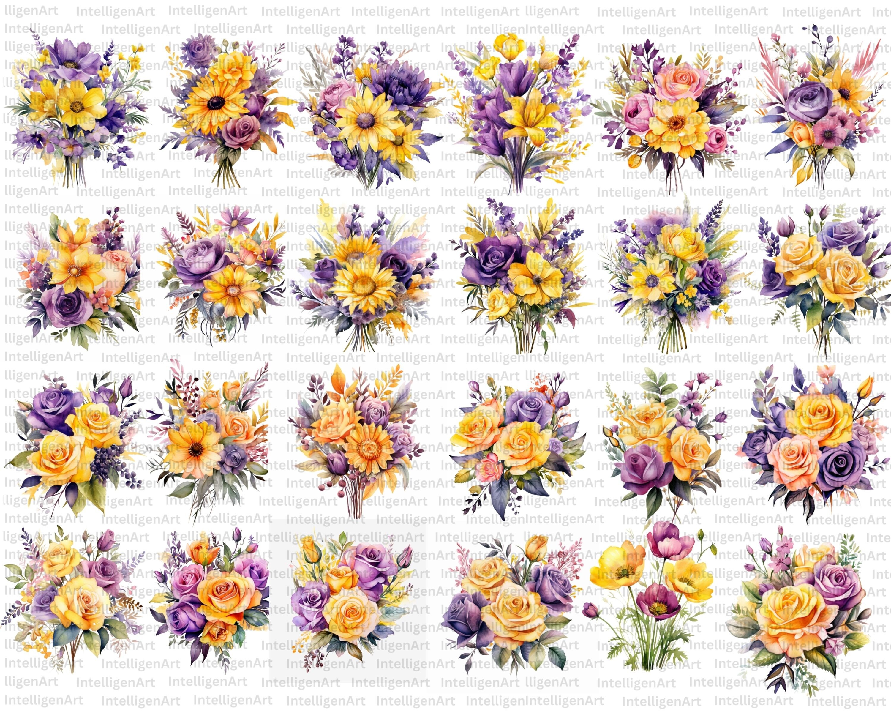 Watercolor Floral Clipart Set Pink Yellow and Purple - Etsy