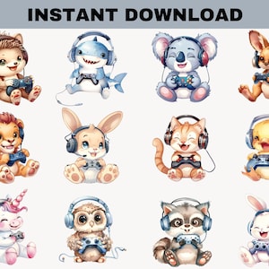 Gamer Animals Clipart, Gaming Nursery Decor, Cartoon Gaming Png, Video ...