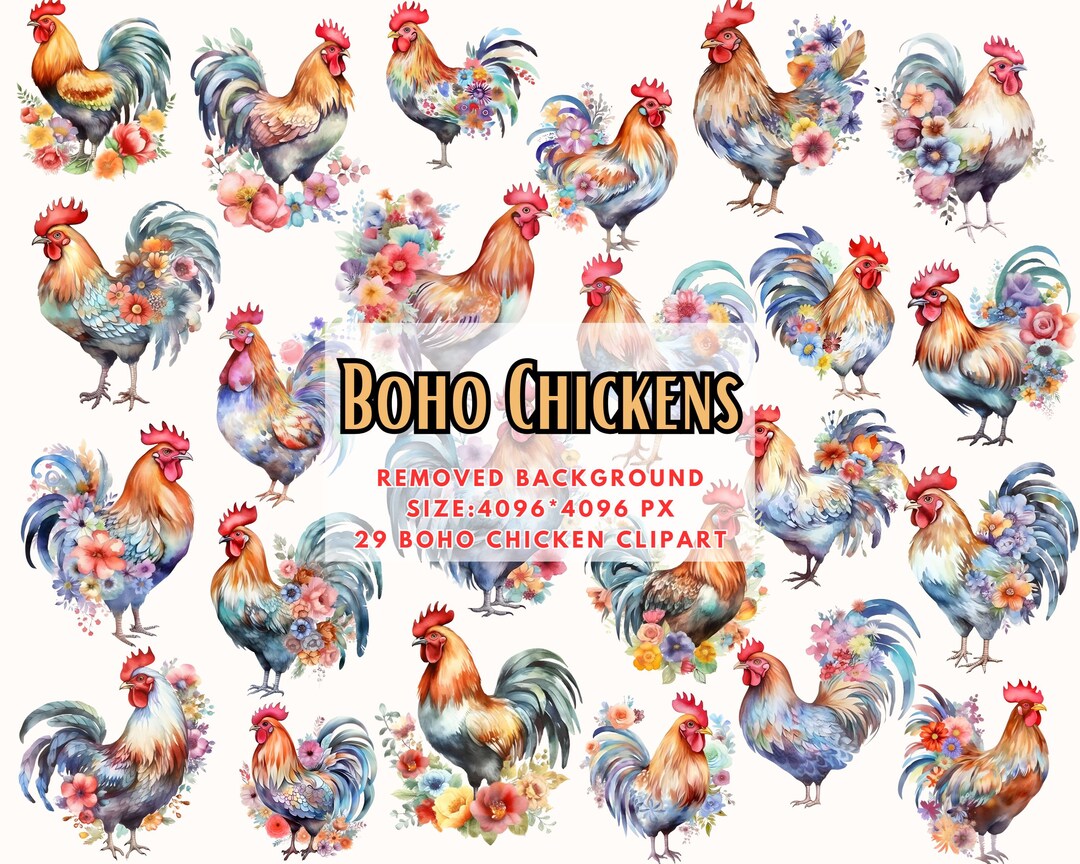 Boho Chicken Clipart Watercolor Floral Chickens, Chicken With Flowers ...
