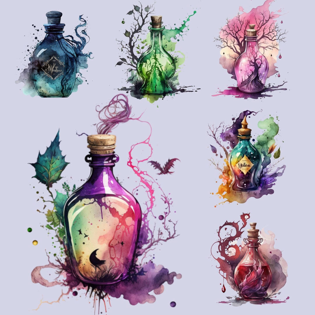 Witch Potion Bottles Clipart Enchanting Potion Bottles, Magic Fantasy ...