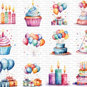 Watercolor Birthday Party Clipart | Cake Present Balloons Clipart ...