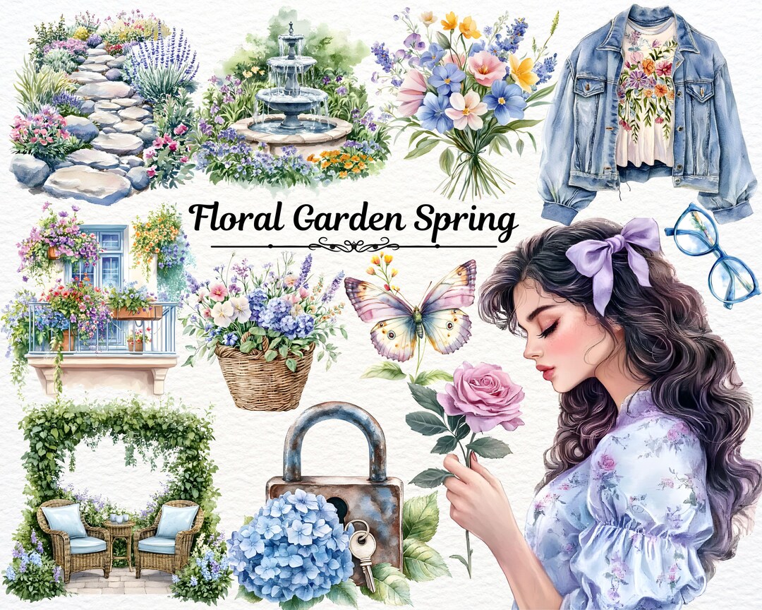 Floral Garden Spring Clipart, Watercolor Wisteria and Wildflowers ...