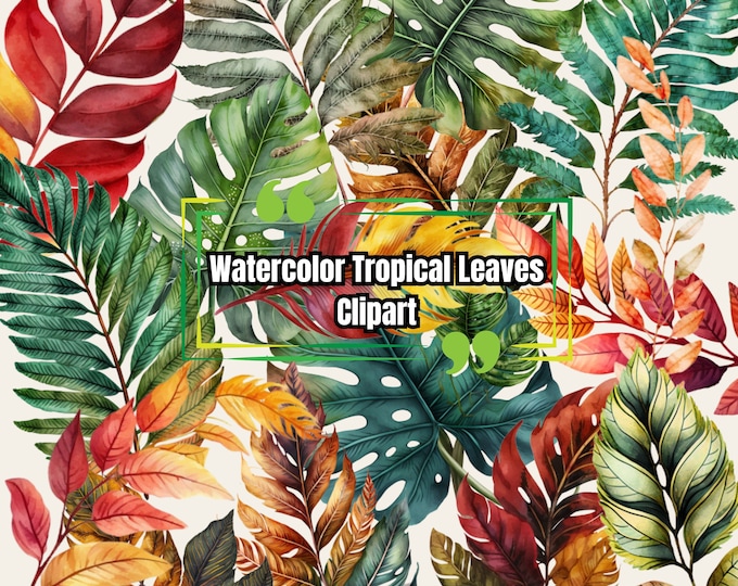 Tropical Leaves Watercolor Clipart PNG Instant Download Greenery Jungle ...