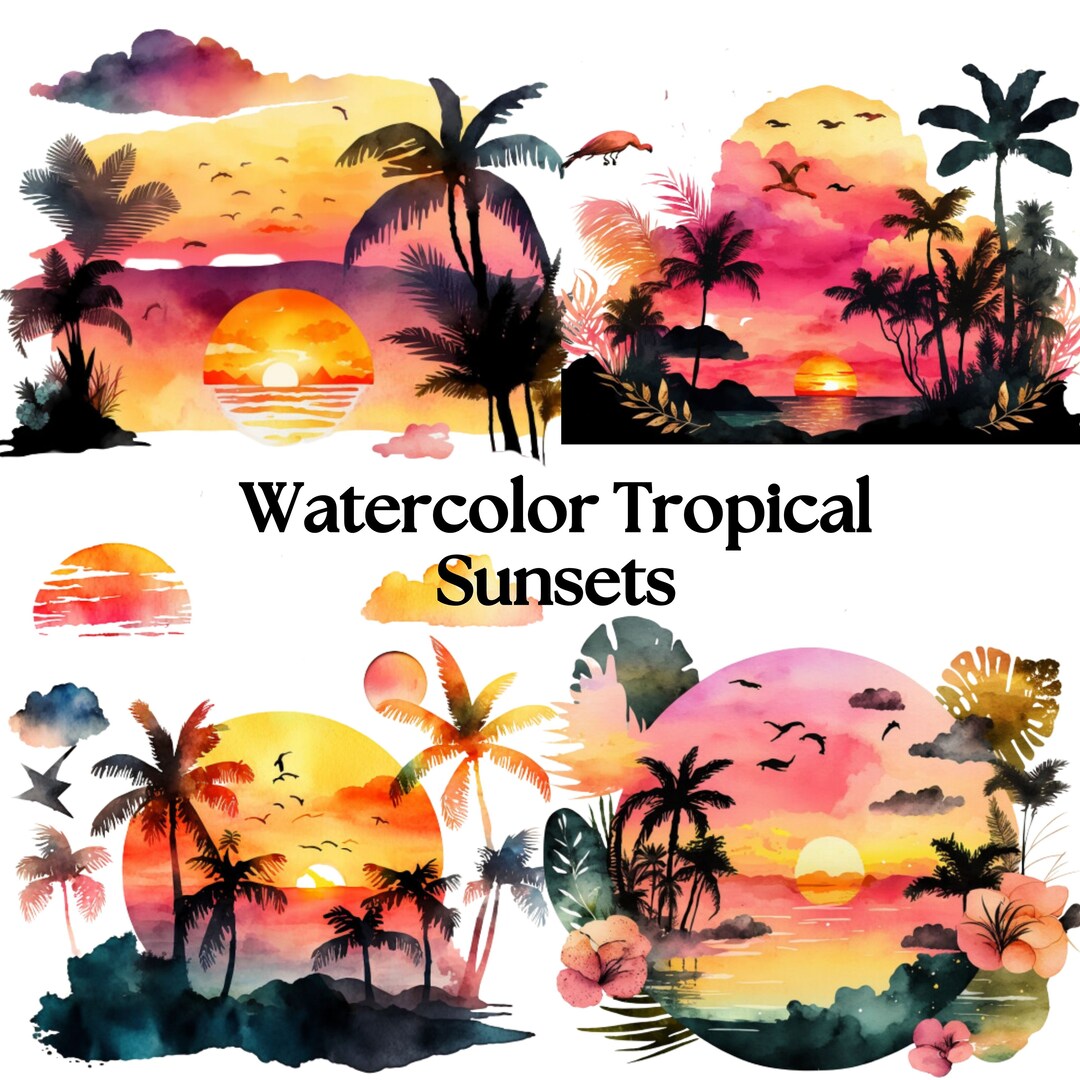 Watercolor Tropical Sunset Clipart, Beach Landscape, Sunrise Background ...