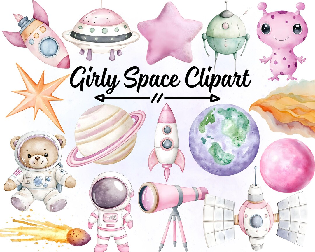 Girly Space Watercolor Clipart, Cute Girl Astronaut, Planets Clipart ...