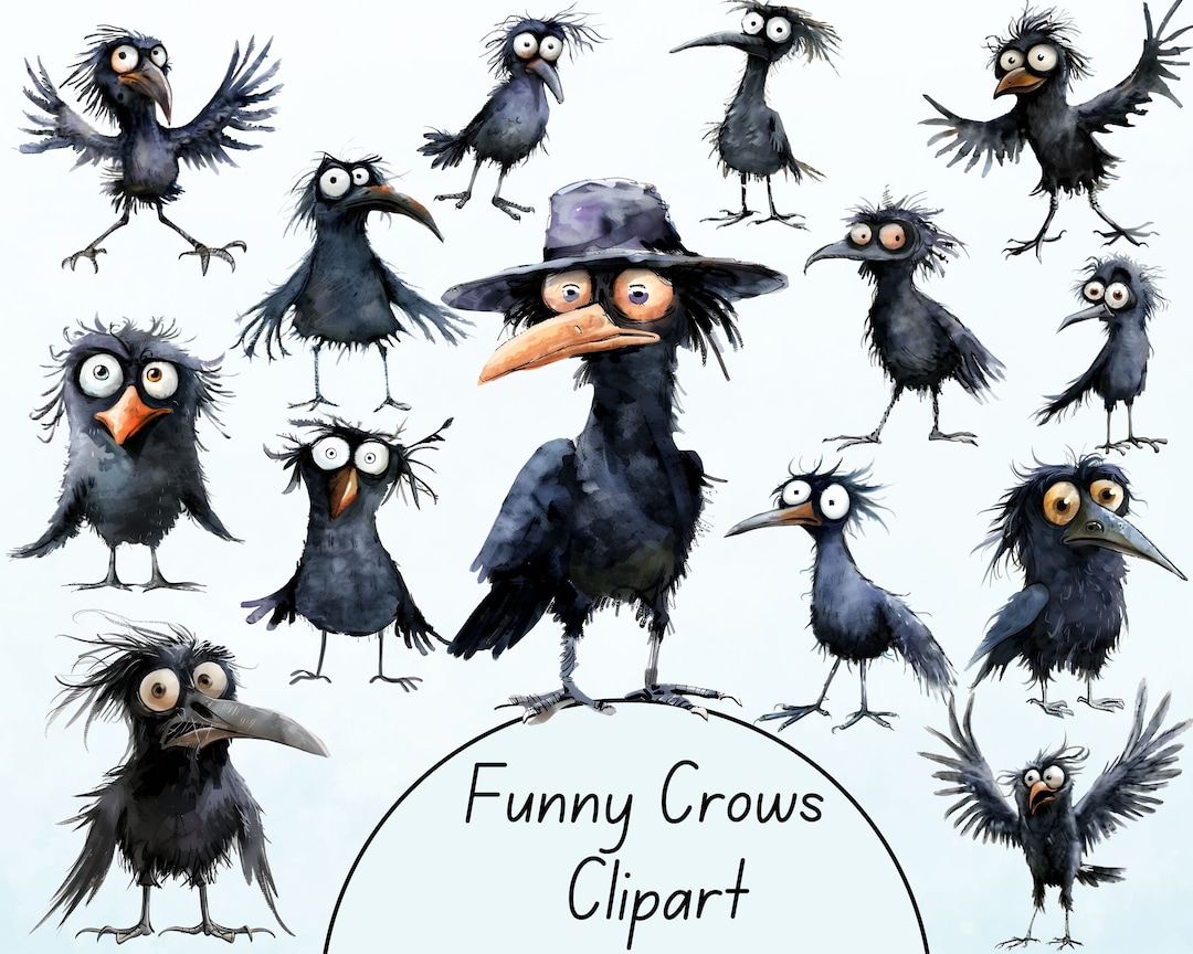 Funny Crows Clipart, Cute Caricature Birds Clipart, Raven Illustrations ...