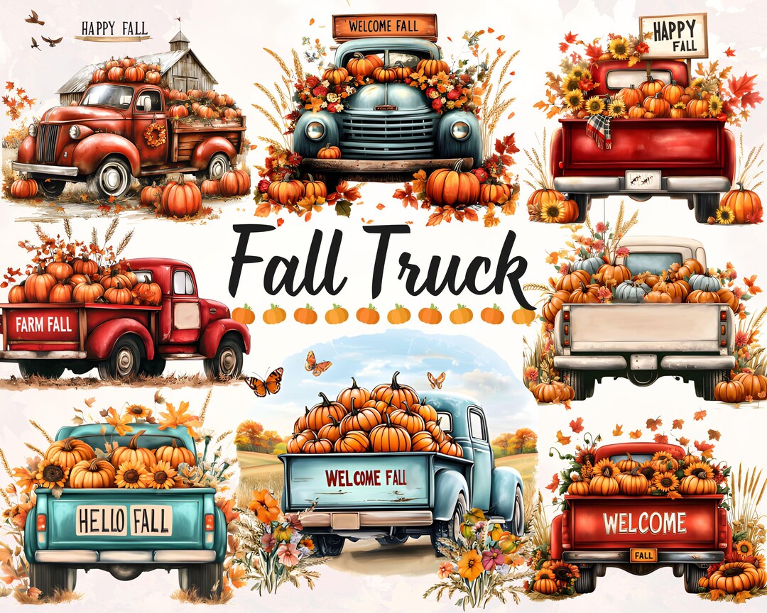 Fall Truck Clipart, Pumpkin Truck Clipart, Watercolor Autumn Truck ...