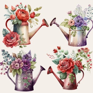 Watercolor Floral Watering Cans Clipart Bundle PNG Gardening Bouquet ...