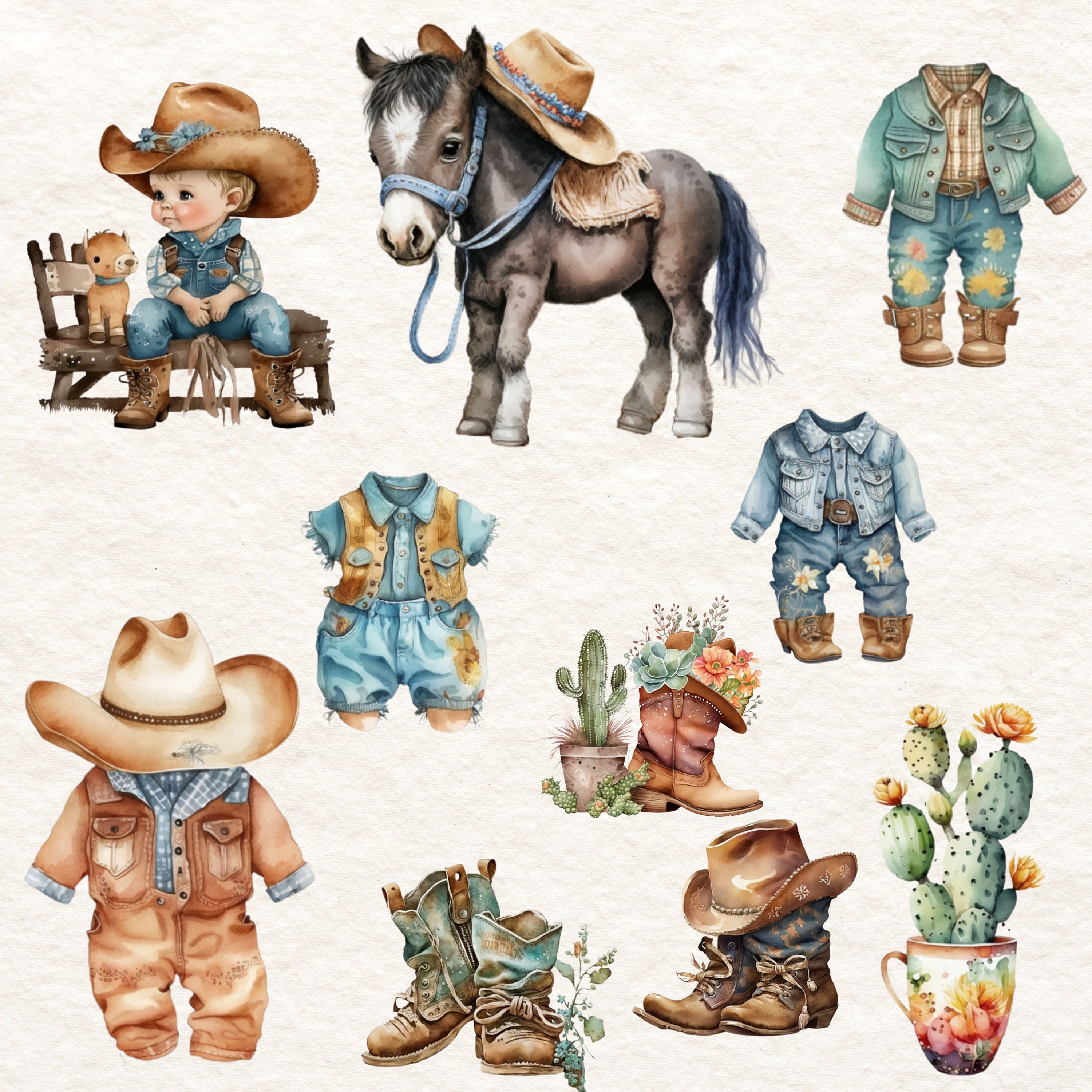 Baby Cowboy Watercolor Clipart Bundle Boy With Horse - Etsy Australia