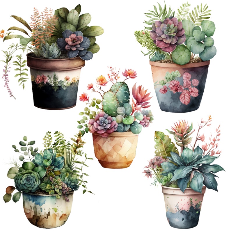 Watercolor Potted Plants Clipart Greenery Clip Art House - Etsy