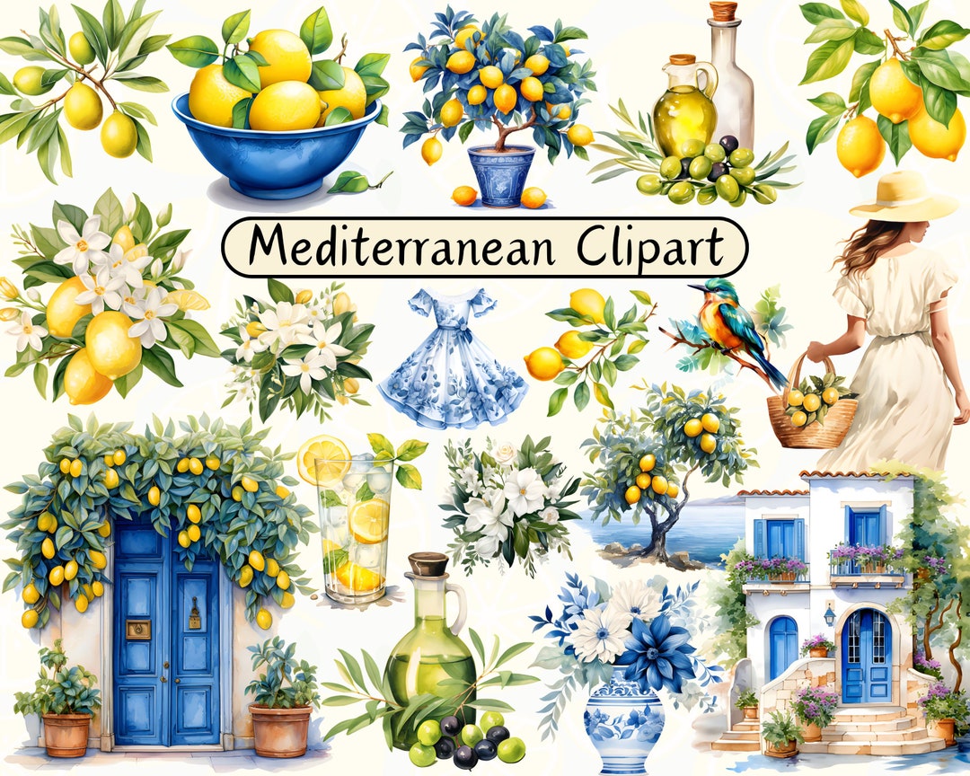 Mediterranean Clipart, Watercolor Lemon Clipart, Amalfi Coast, Blue and ...