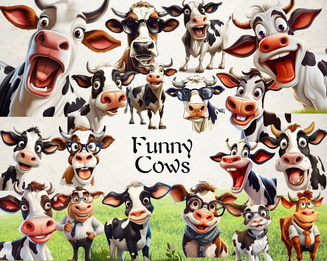 Funny Cows PNG Bundle, Cool Cow Clip Art, Funny Cow Clipart, Emotional ...
