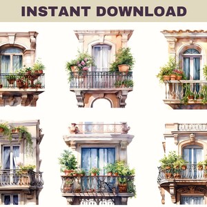Balcony Clipart French Balcony Scene Greenery Window Graphics Boho ...
