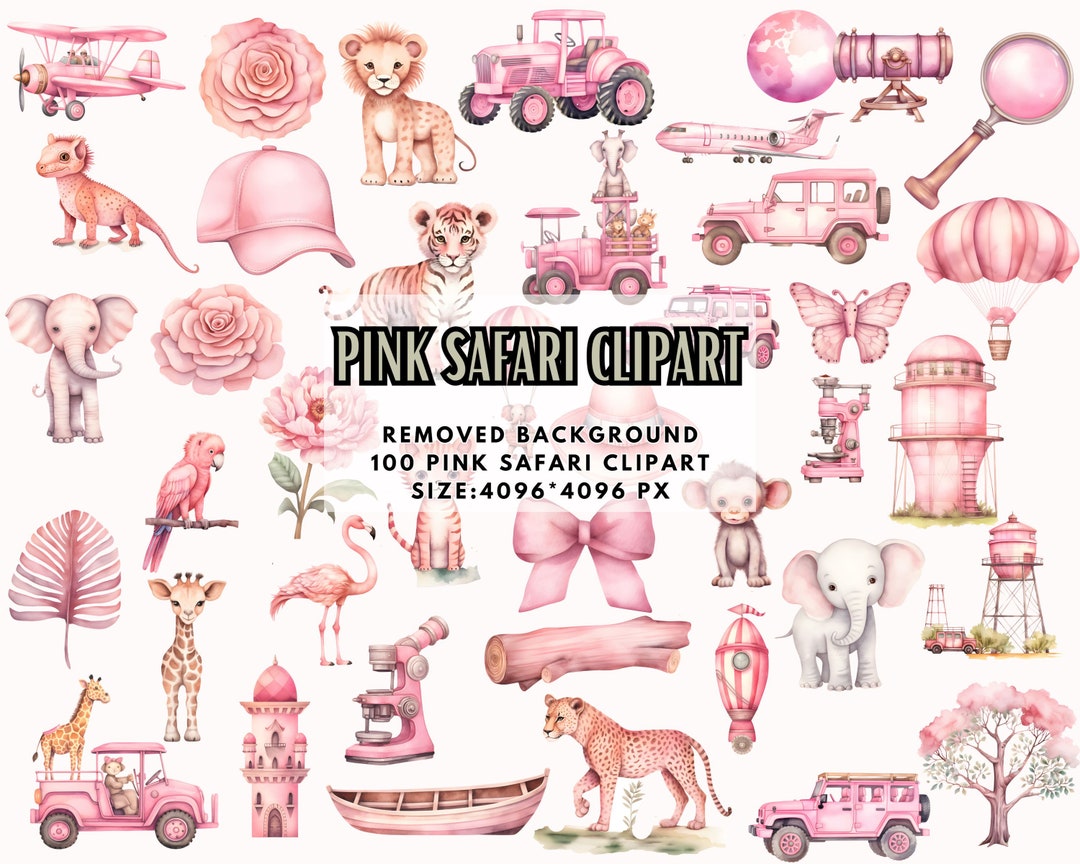 Pink Safari Clipart - 100 Safari Animals, Baby Jungle Animals, Elephant ...