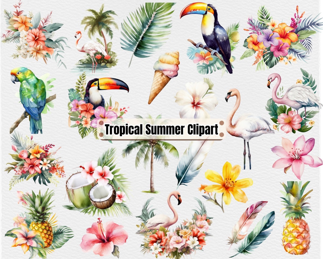 Tropical Watercolor Clipart Bundle-summer Beach Flamingo Pineapple ...