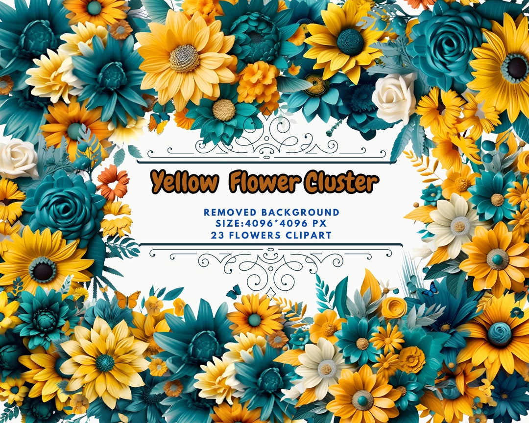 Teal and Yellow Flower Clusters Clipart Turquoise and Gold Floral Clip ...