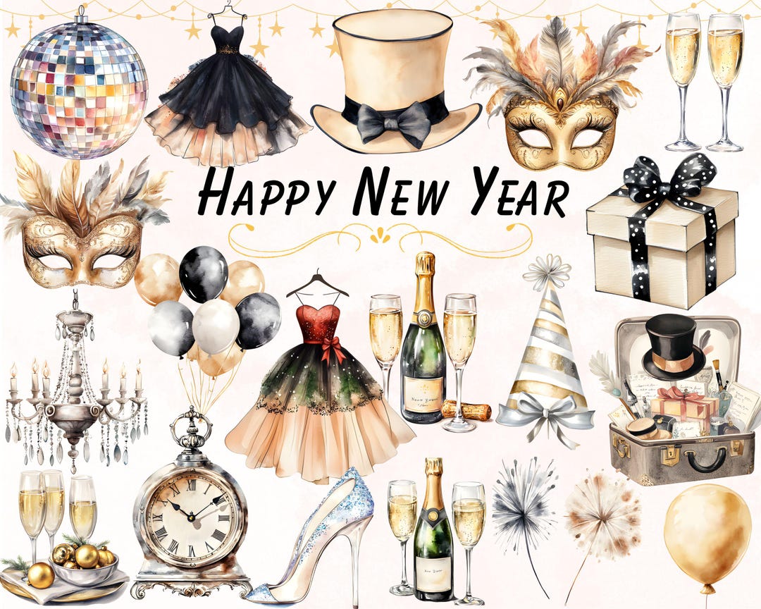 Happy New Year Clipart Bundle, Watercolor Holiday Season Clipart, New ...