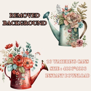 Watercolor Floral Watering Cans Clipart Bundle PNG Gardening Bouquet ...