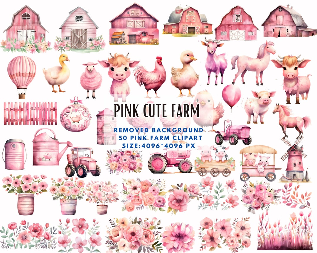 Pink Cute Farm Clipart PNG - Paquete de acuarela - Animales de granja ...