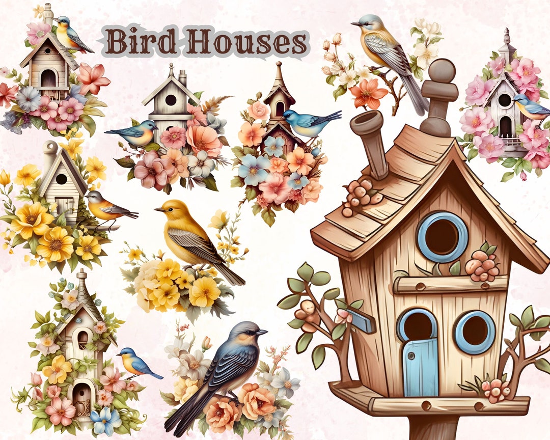 Birdhouse Clipart, Cute Bird Homes, Watercolor Bird House PNG, Vintage ...