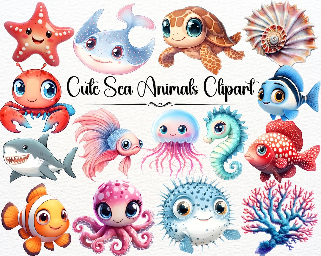 Cute Sea Animals Clipart, Watercolor Ocean Creatures PNG, Jellyfish ...