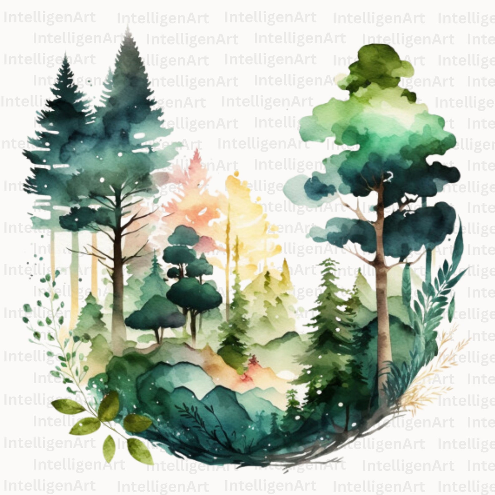 Watercolor Forest Clipart Watercolor Trees Landscape Spring - Etsy