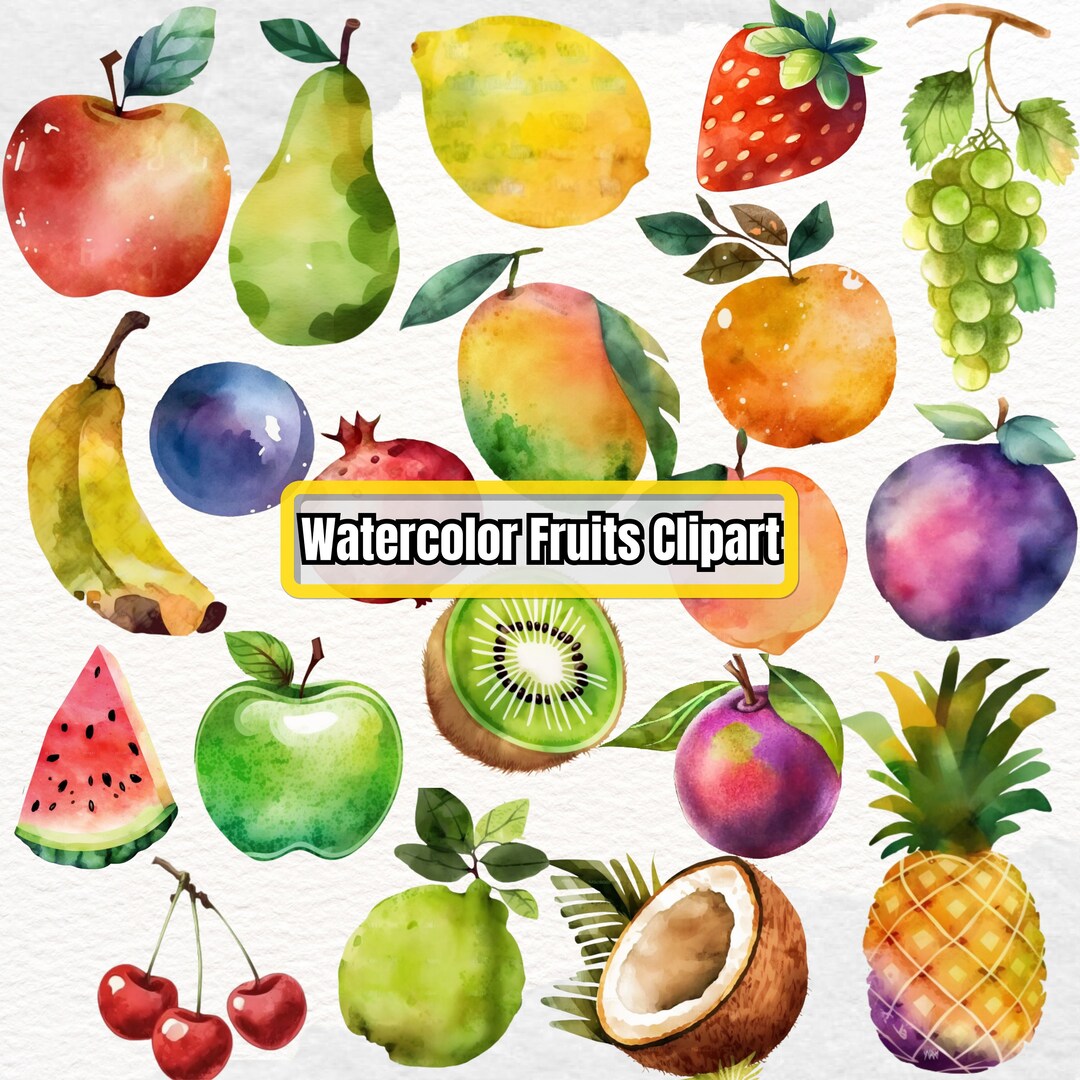 Watercolor Fruits Clipart, Orange, Apple, Strawberry, Blueberry, Banana ...
