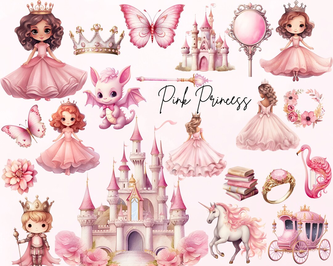 Pink Princess Clipart, Watercolor Princess Clipart Bundle, Fantasy ...