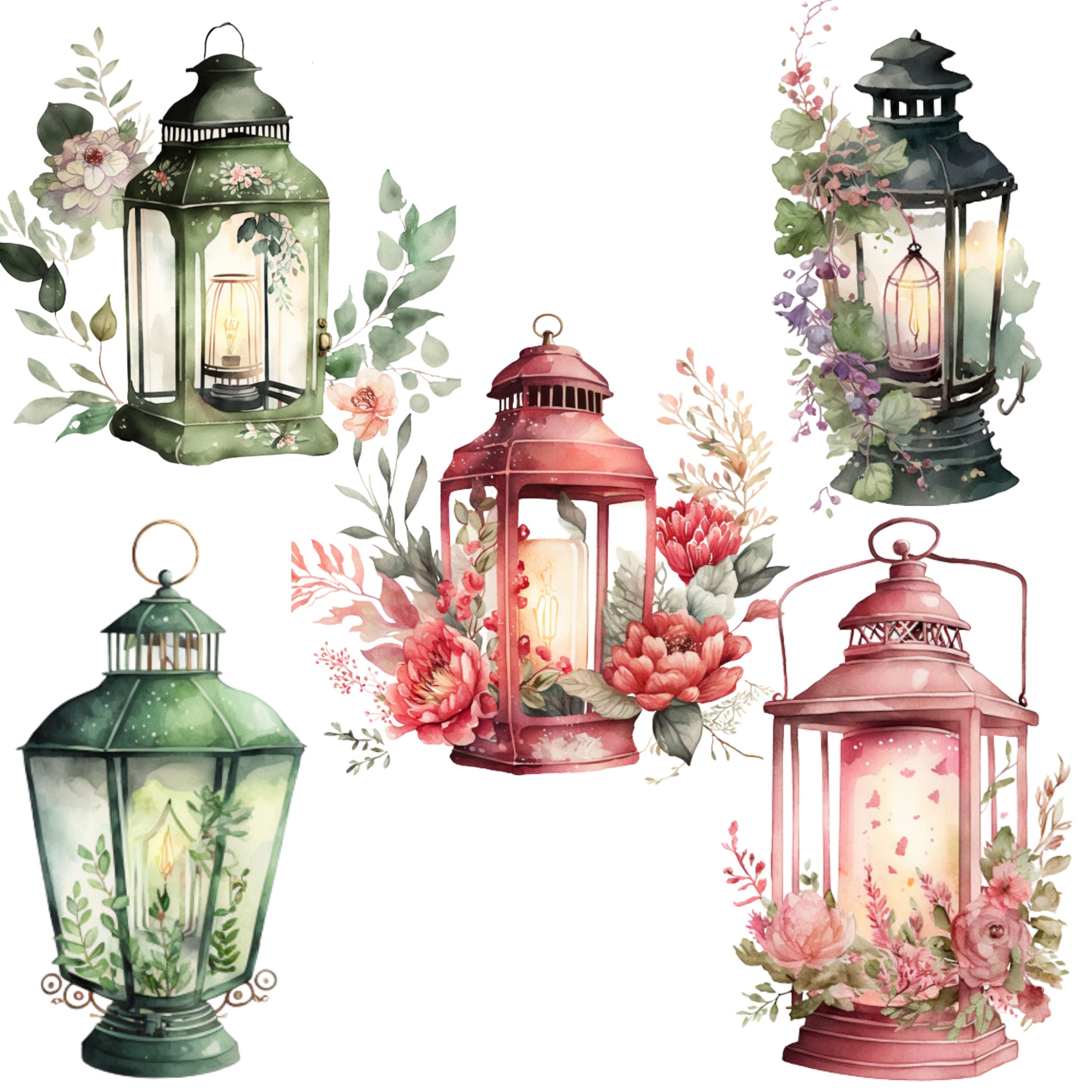 Watercolor Cottagecore Lanterns With Floral Designs Lamps - Etsy
