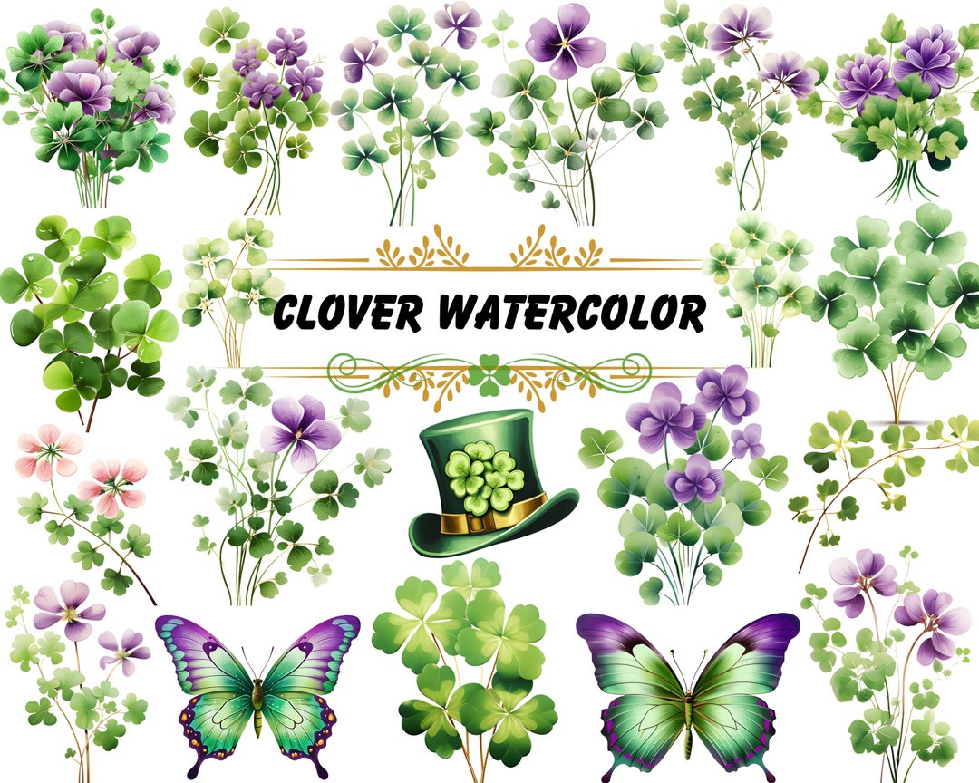 Watercolor Clover Clipart, Floral Shamrock Wreaths PNG, Green Shamrock ...