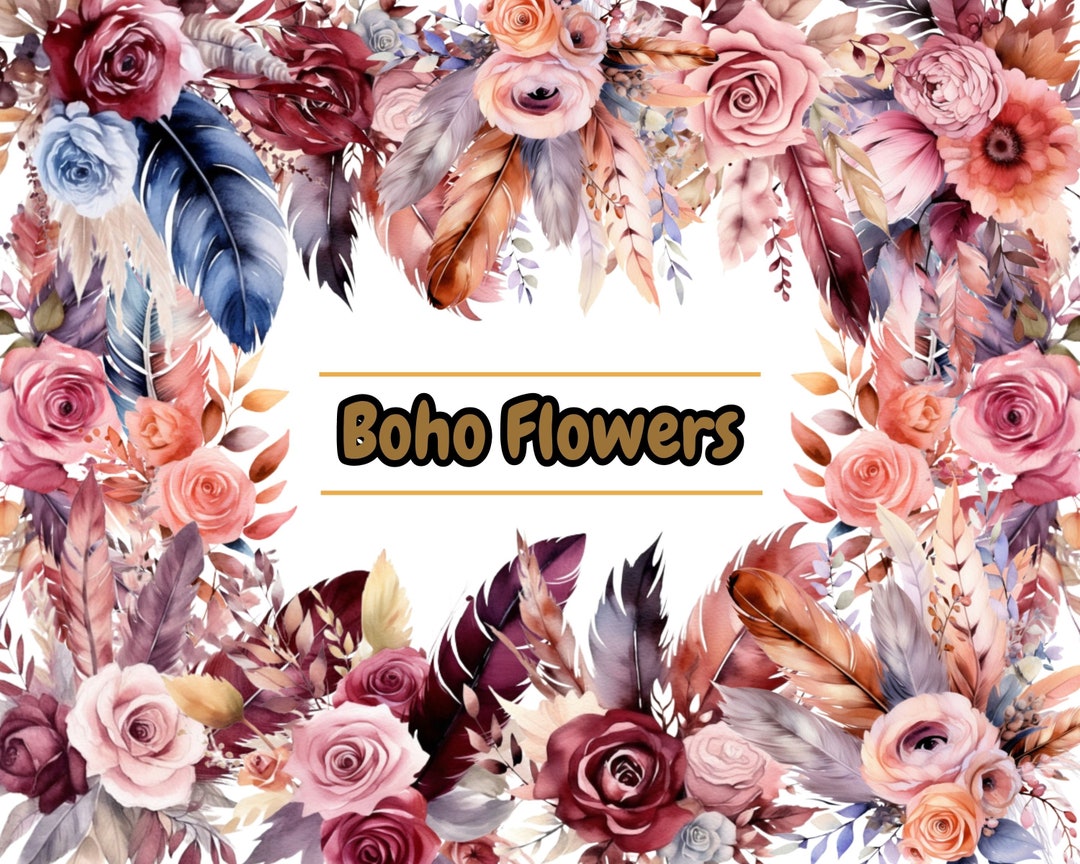 Boho Flowers PNG, Watercolor Floral Clipart Spring Clip Art Set With ...