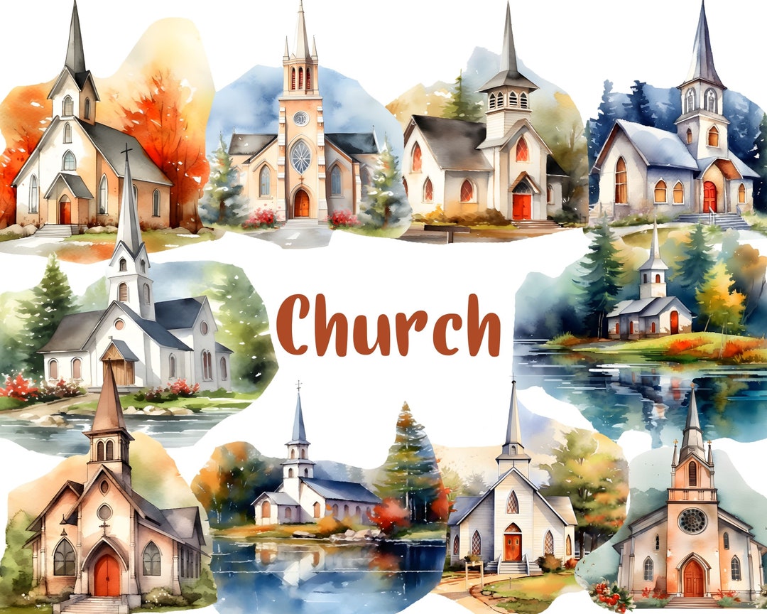 Church Watercolor Clipart, Religious Building, Country Church Graphic ...