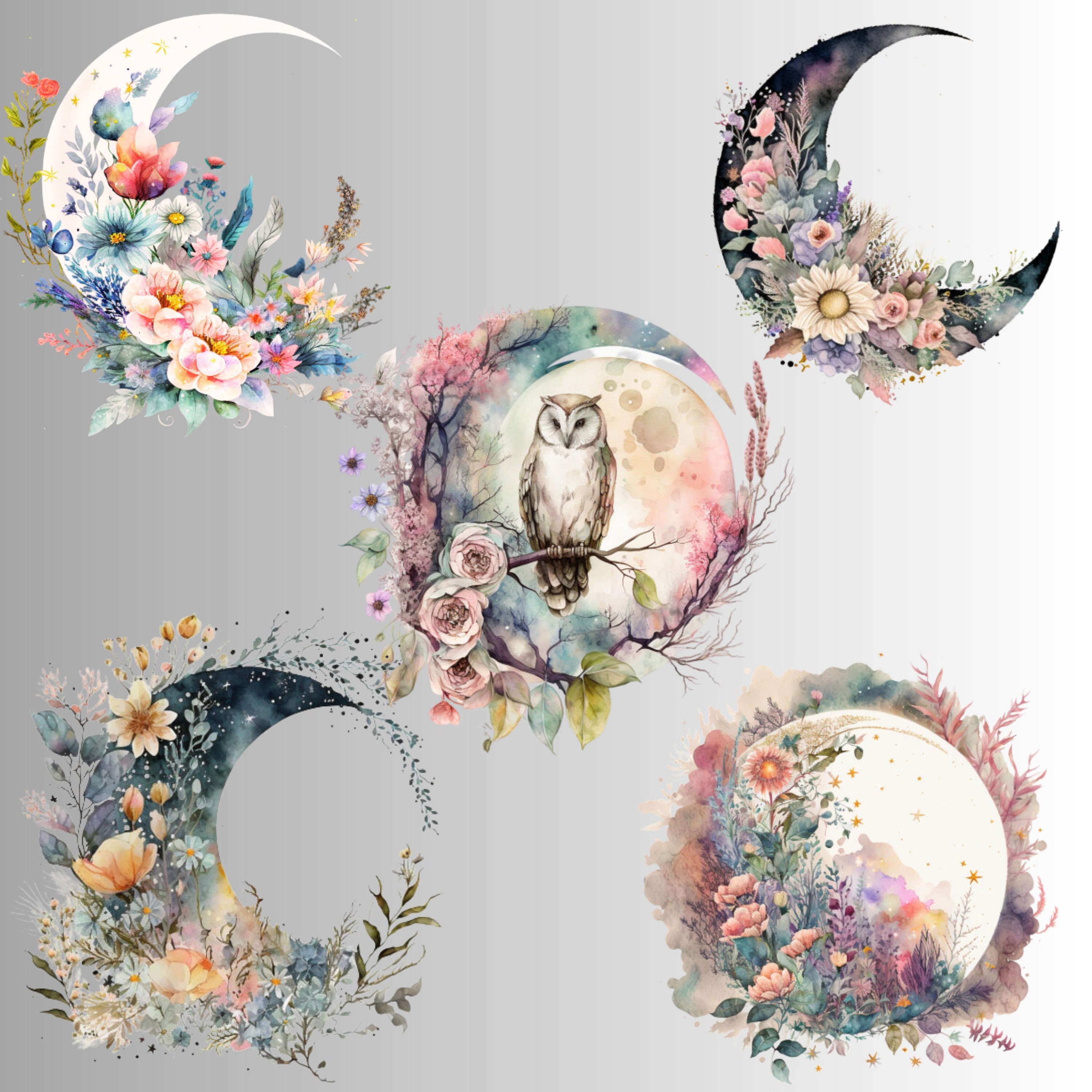 Watercolor Floral Moons Clipart Floral Crescent Moons With - Etsy