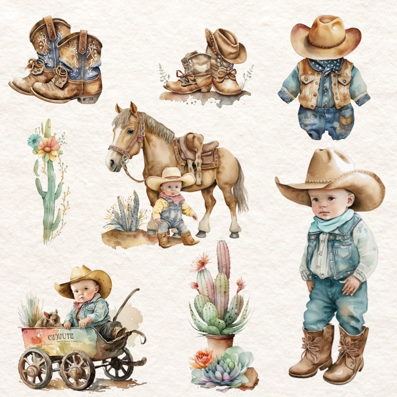 Baby Cowboy Watercolor Clipart Bundle Boy With Horse - Etsy