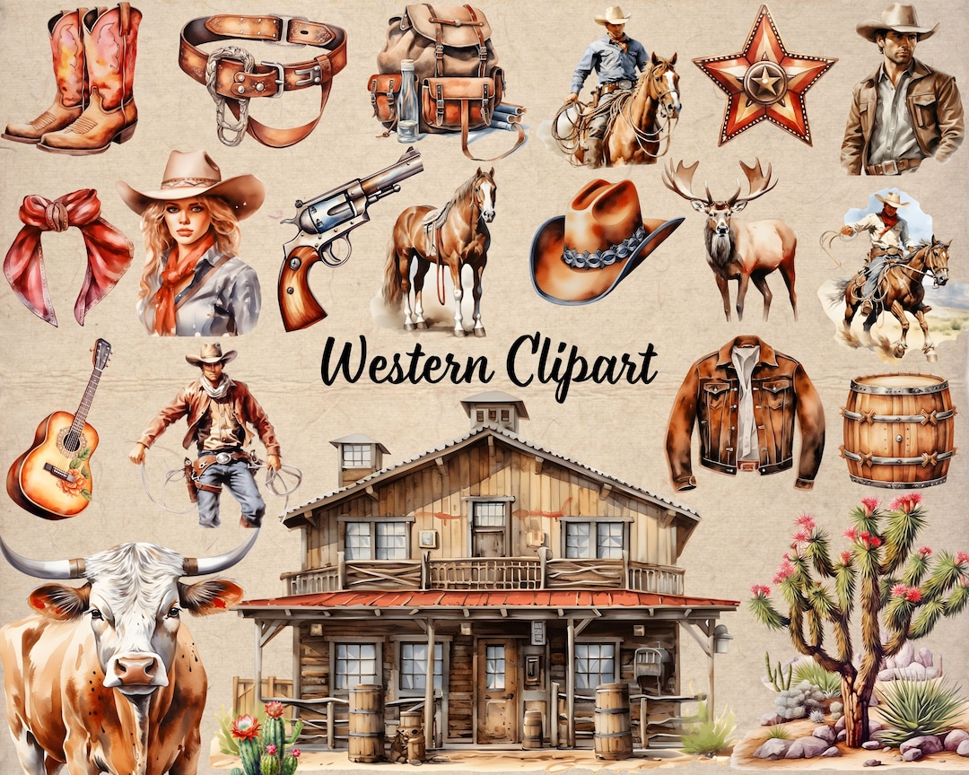 Western Watercolor Clipart, 150+ Wild West Designs, Cowboy Clipart ...